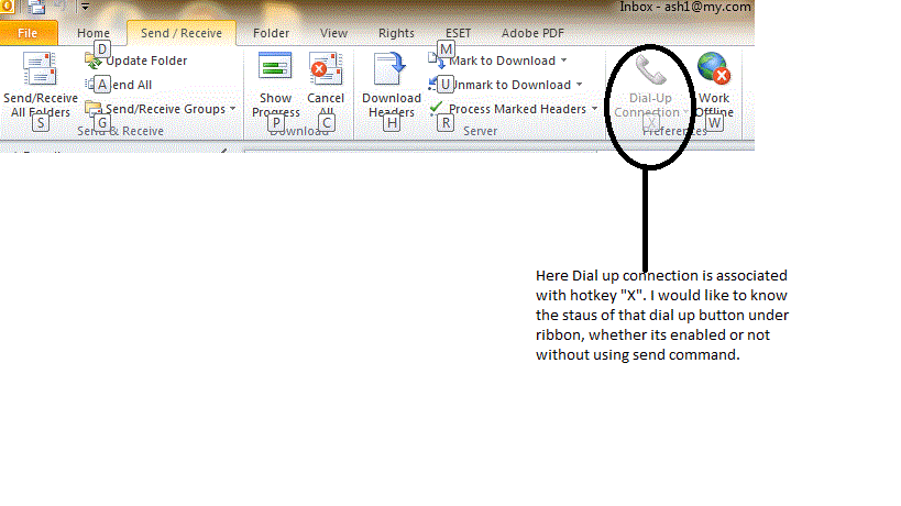 How to find the status of buton assiciated with Hotkeys in ribbon menus in outlook 2010 ...